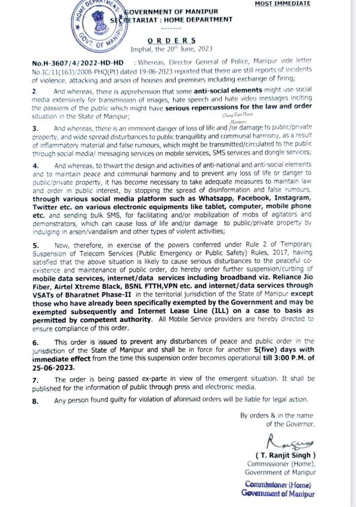 Internet suspension in Manipur extended for another 5 days until 25 ...