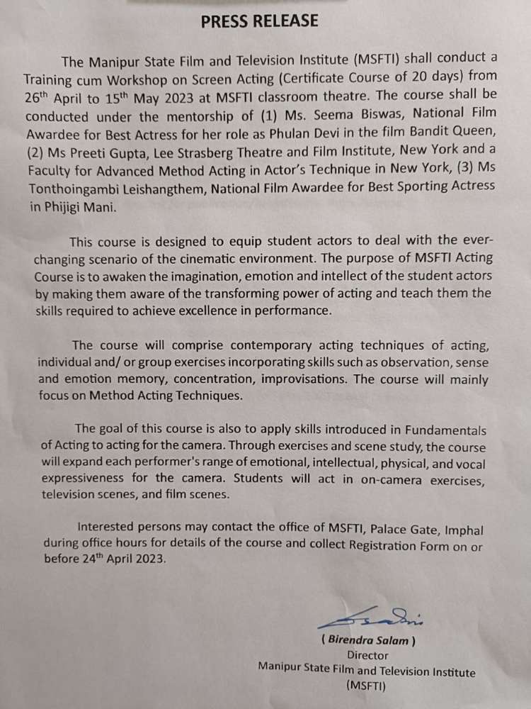 Training cuum Workshop on Screen Acting (Certificate Course of 20 days ...